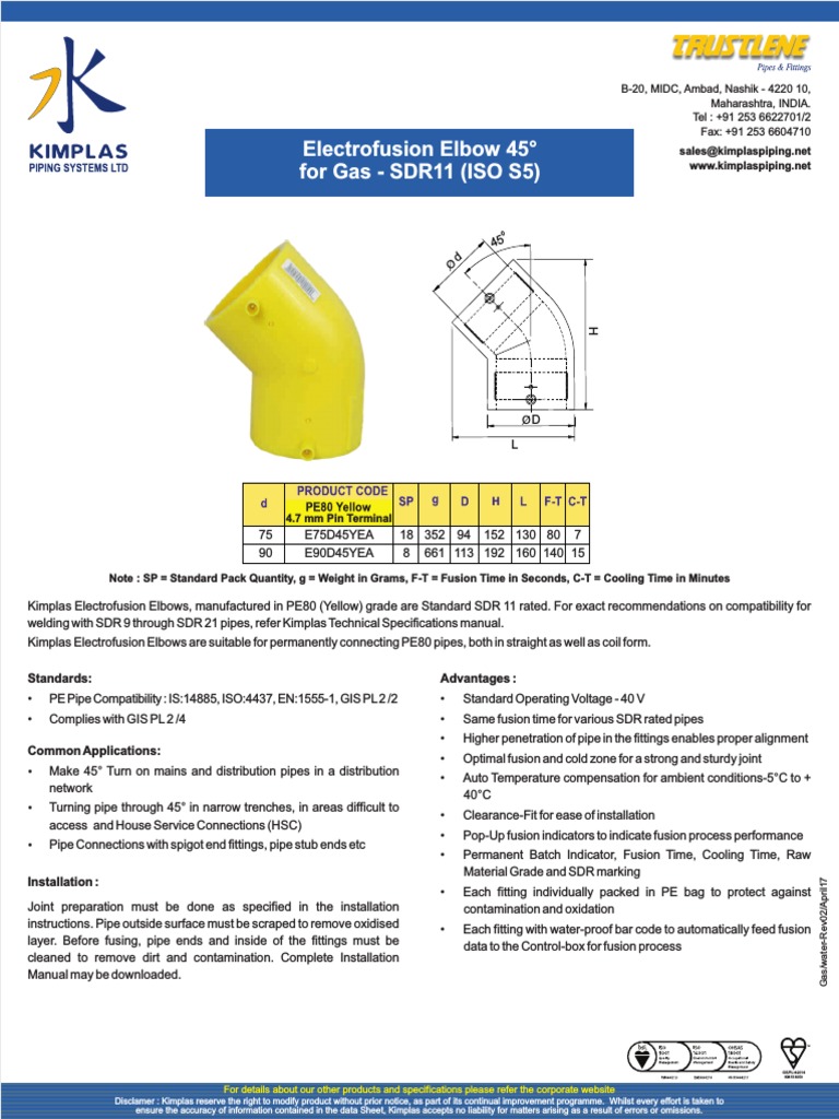 Electrofusion Elbow 45° For Gas - SDR11 (ISO S5) | PDF | Pipe (Fluid ...