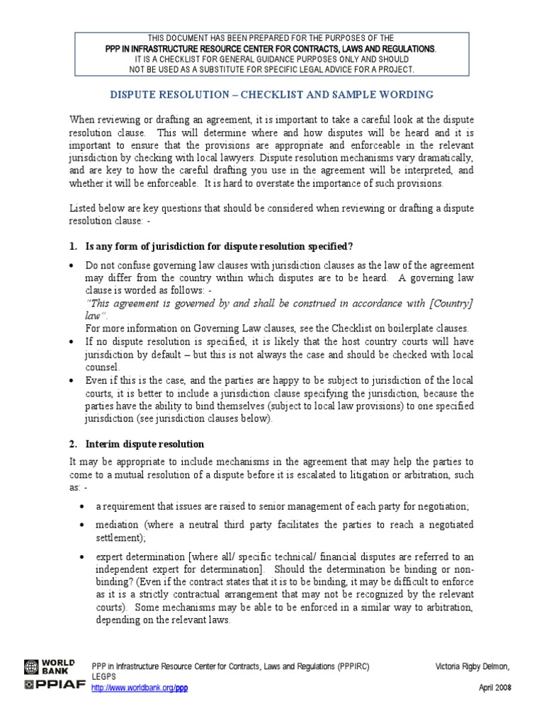 Dispute Resolution - Checklist and Sample Wording: 1. Is Any Form of ...