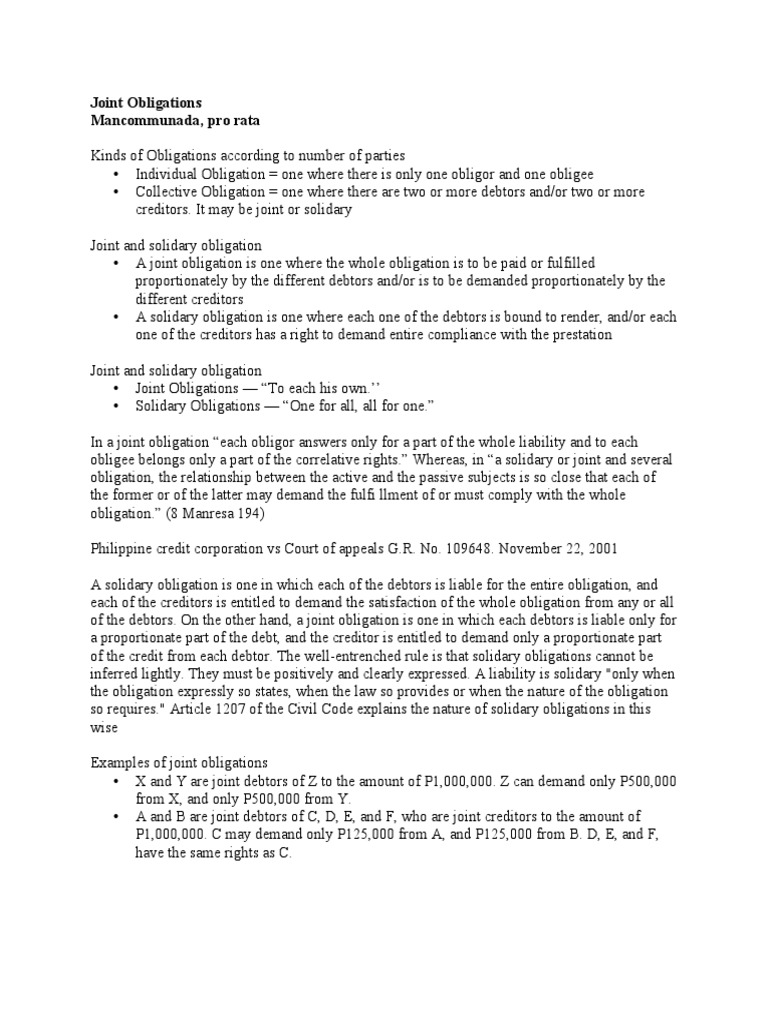 Joint Obligations Hand Outs | PDF | Debtor | Law Of Obligations