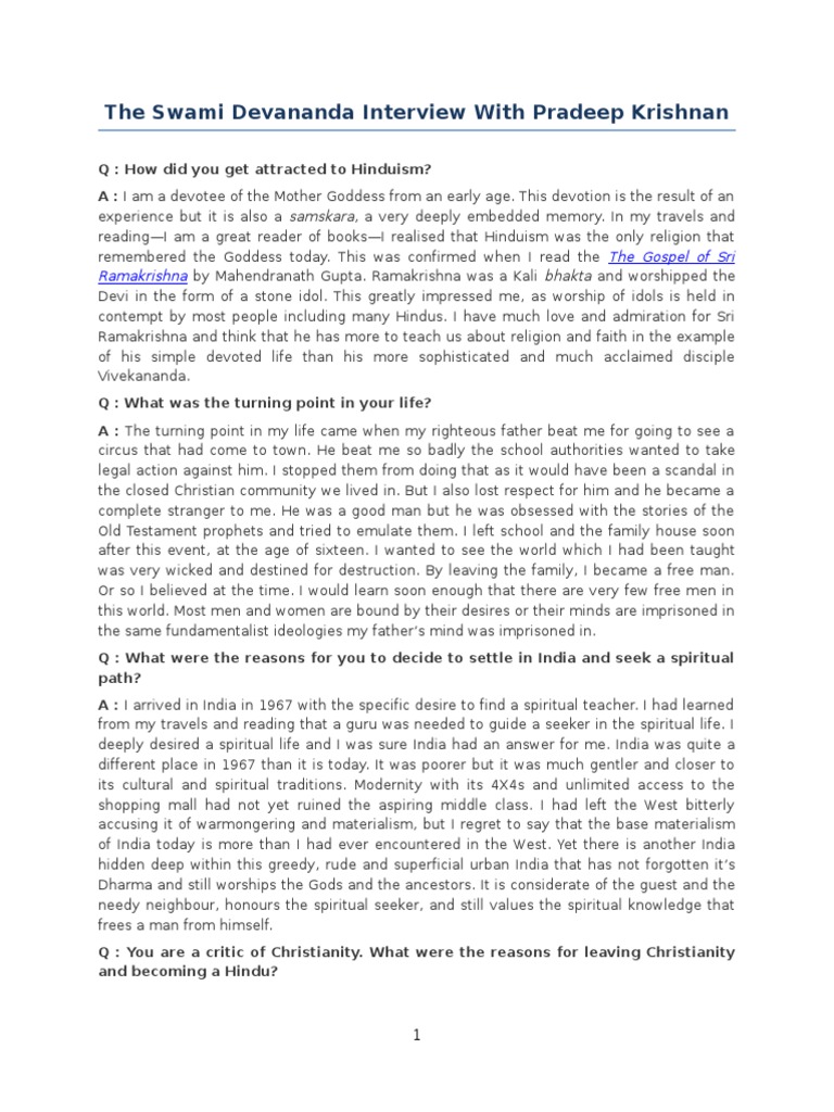 The Swami Devananda Interview - Pradeep Krishnan PDF | PDF | Ramakrishna | Spirituality