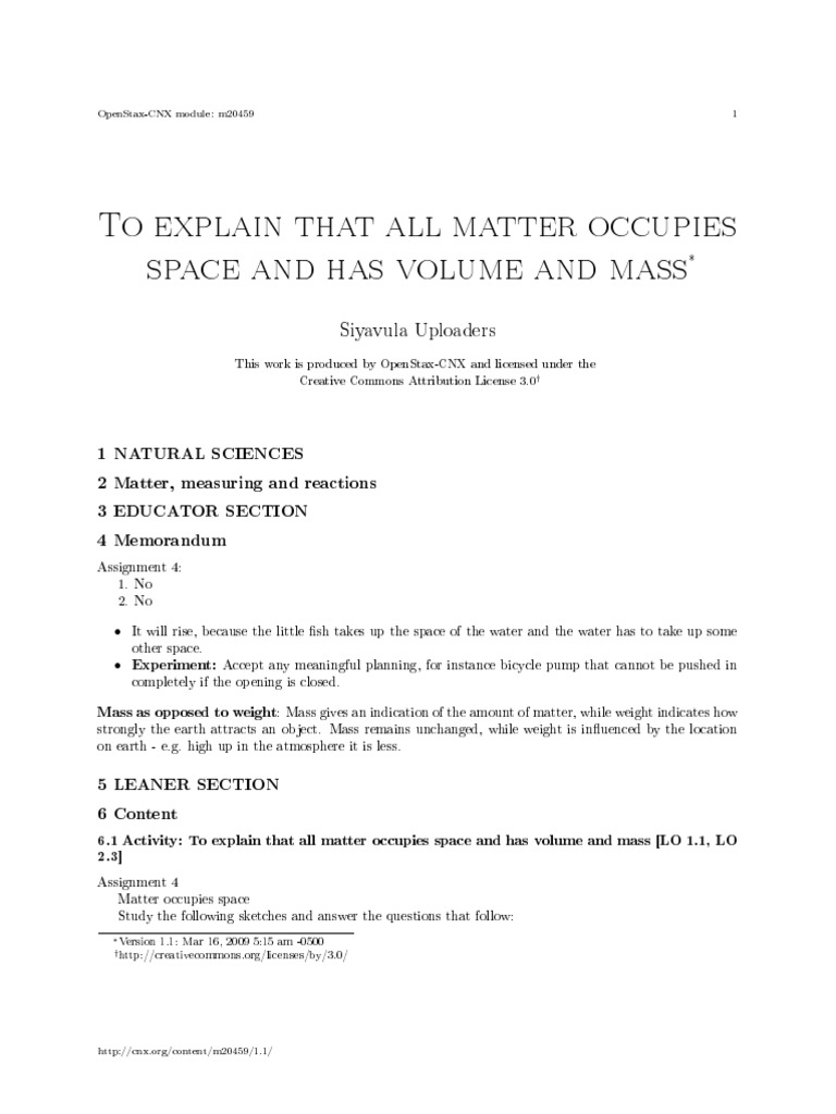To Explain That All Matter Occupies Space and Has Volume and Mass | PDF ...