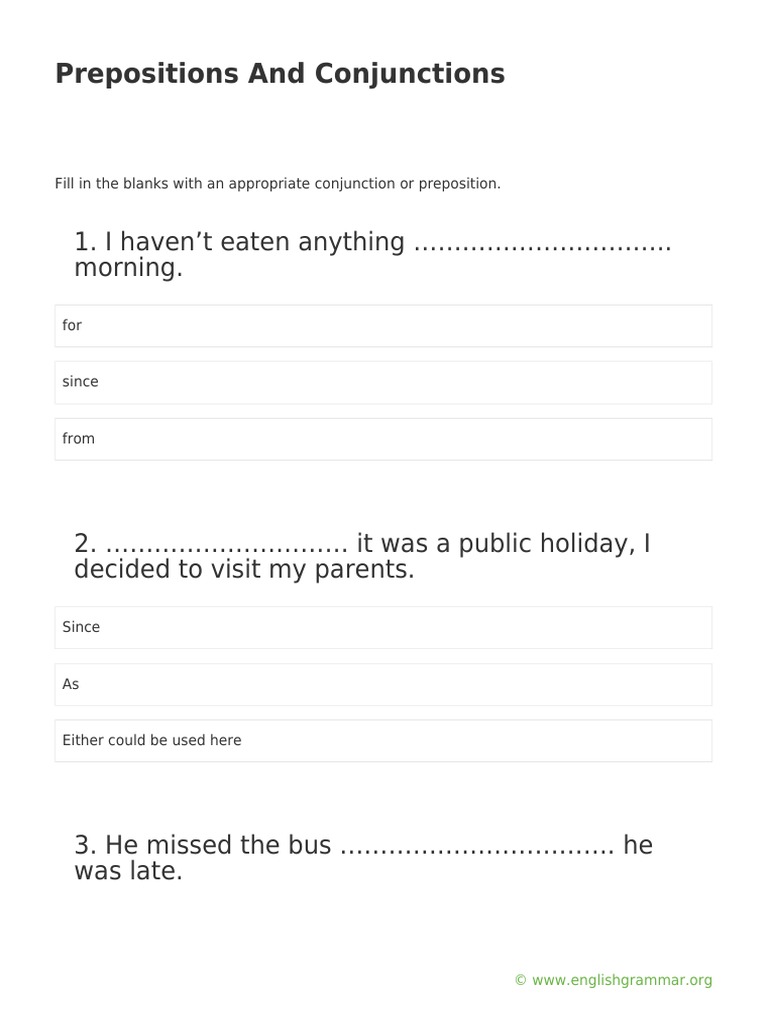 Prepositions and Conjunctions Worksheet | PDF | Foreign Language ...