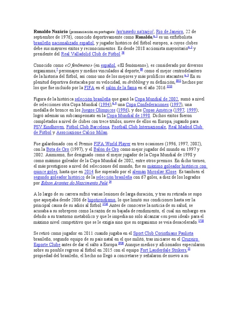 Títulos y logros de Ronaldo Nazário | PDF | Códigos de fútbol ...