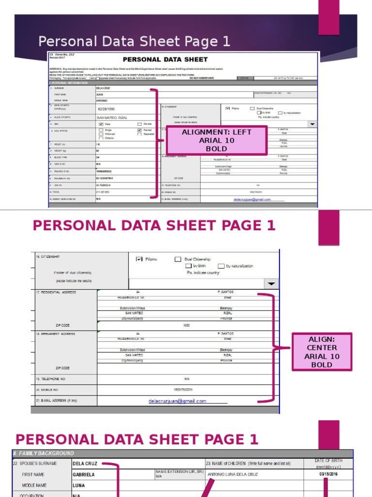 Personal Data Sheet Page 1: Alignment: Left Arial 10 Bold | PDF ...