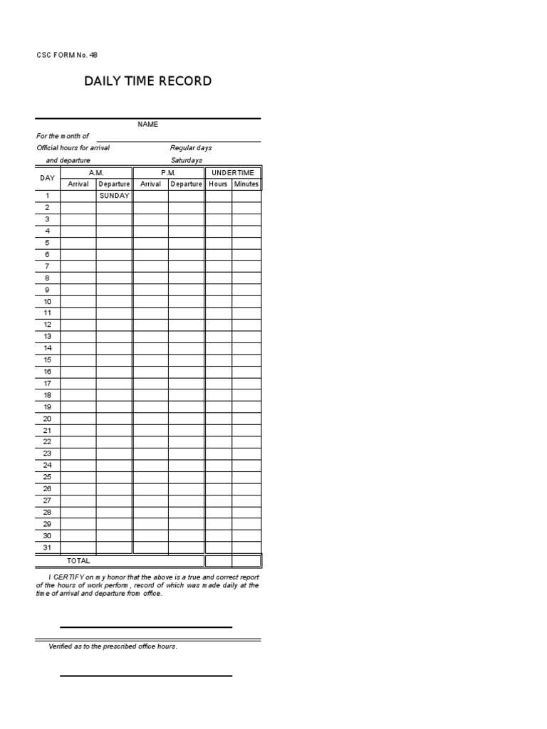 Daily Time Record: CSC Form No. 48 | PDF
