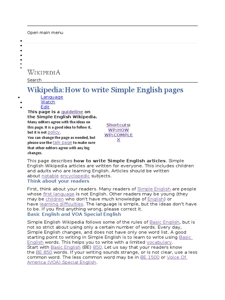 Wikipedia:How To Write Simple English Pages: Language Watch Edit | PDF ...