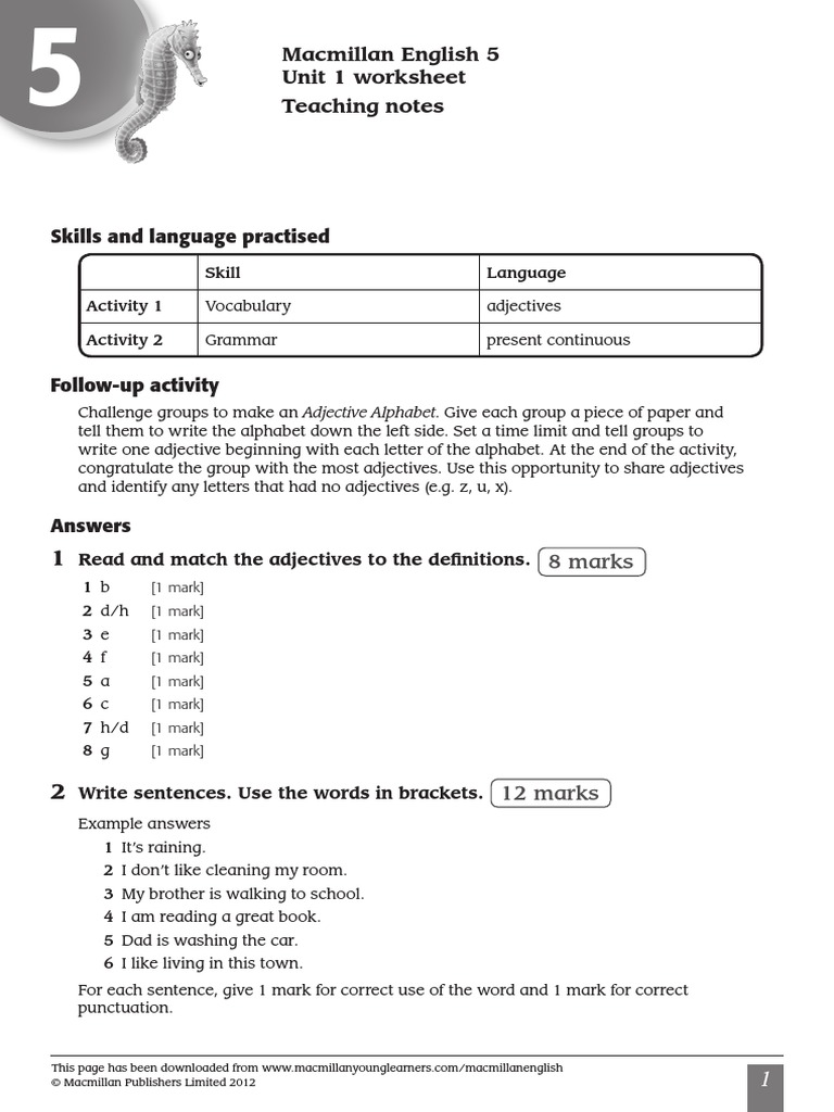Macmillan English 5 Unit 1 Worksheet Teaching Notes: Read and Match The ...