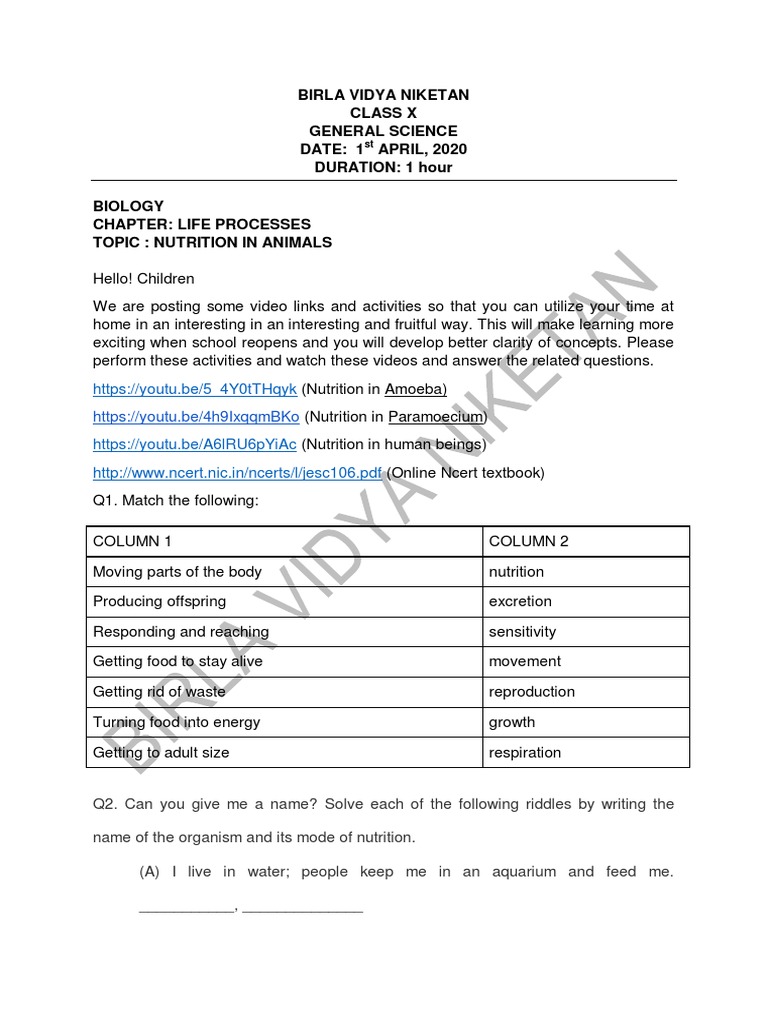 Birla Vidya Niketan Class X General Science Date: 1 APRIL, 2020 ...