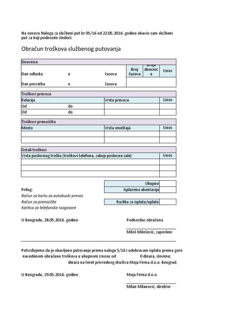 Obracun Troskova Sluzbenog Putovanja | PDF