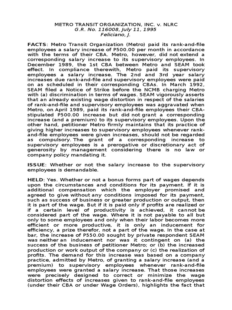 METRO TRANSIT ORGANIZATION v. NLRC | PDF | Wage | Employment
