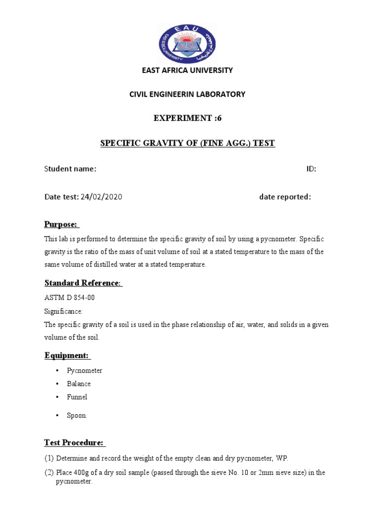 East Africa University Civil Engineerin Laboratory Experiment:6 Specific Gravity of (Fine Agg ...