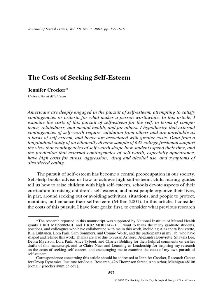The Costs of Seeking Self-Esteem: Jennifer Crocker | PDF | Self Esteem ...