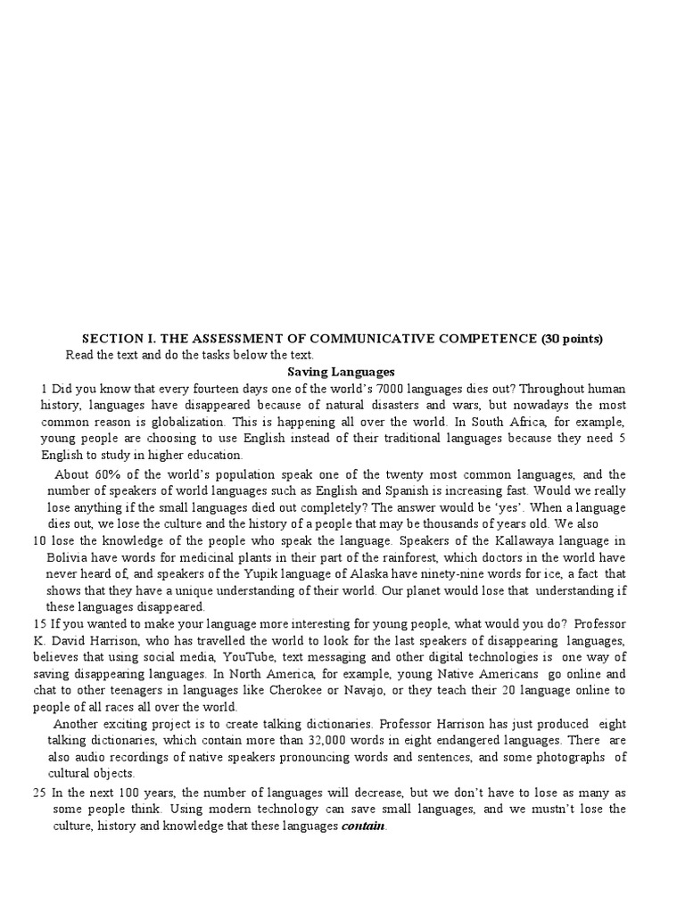Section I. The Assessment of Communicative Competence (30 Points ...