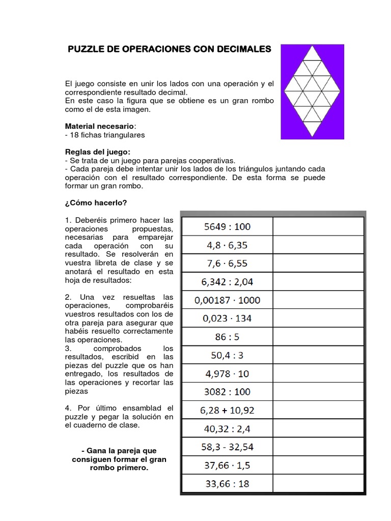Puzzle de Operaciones con Decimales | PDF | Métodos y materiales de ...