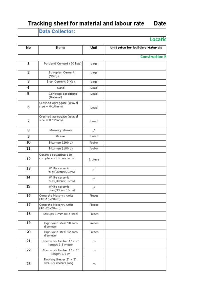 Tracking Sheet For Material and Labour Rate Date:: Data Collector | PDF ...