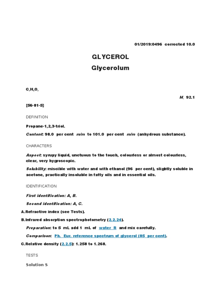 Glycerol Glycerolum: 2.2.24 Water R Ph. Eur. Reference Spectrum of ...