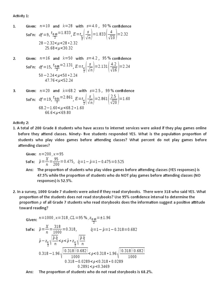 Answers To Activities 1 2 3 (Chap 4 Lesson 3-7) | PDF | Confidence ...