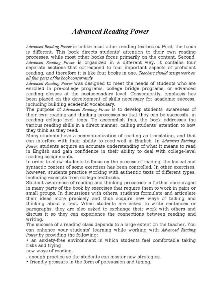 Advanced Reading Power | PDF | Reading Comprehension | Critical Thinking