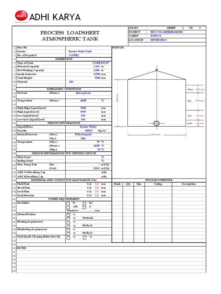Service Water Tank Data Sheet (1000 m3) | PDF | Mechanical Engineering ...