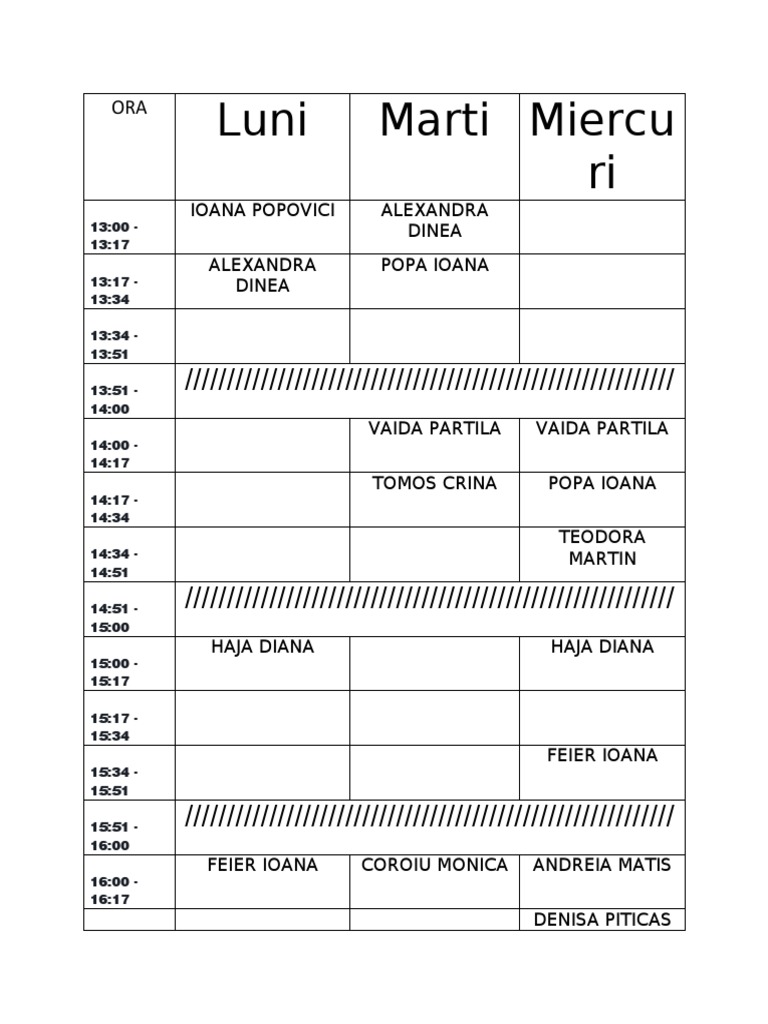 Luni Marti Miercu Ri: Ioana Popovici Alexandra Dinea Alexandra Dinea ...