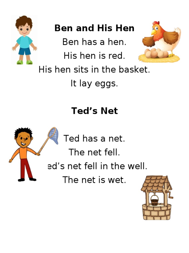 Ben Has A Hen. His Hen Is Red. His Hen Sits in The Basket. It Lay Eggs ...