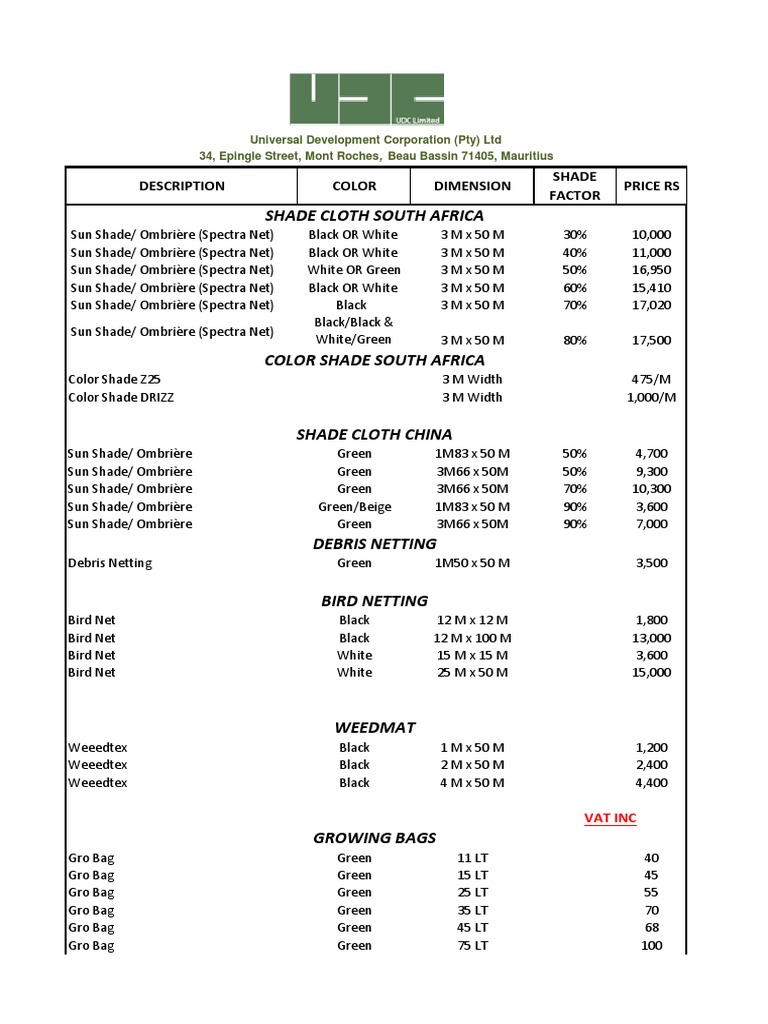 Shade Cloth South Africa: Description Color Dimension Shade Factor ...