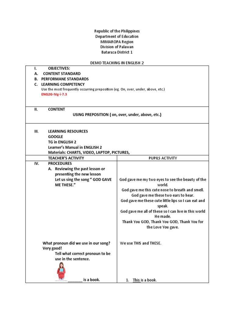 Grade 2 Preposition Lesson Plan | PDF | Word | Preposition And Postposition