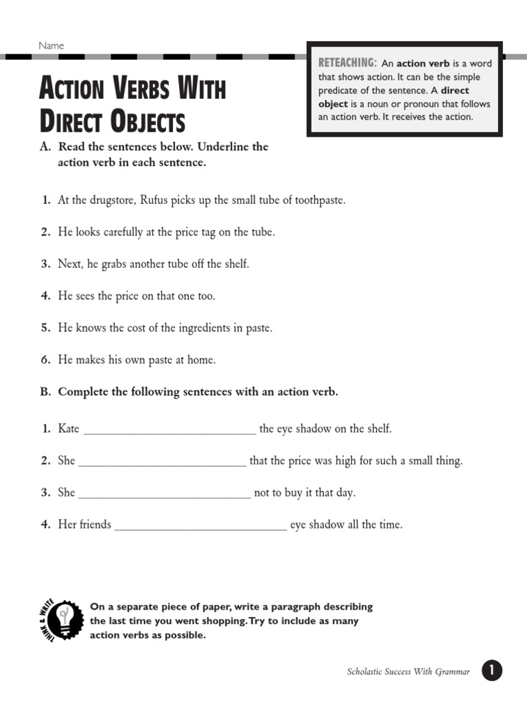 Action Verbs and Direct Objects Guide | PDF | Object (Grammar) | Verb