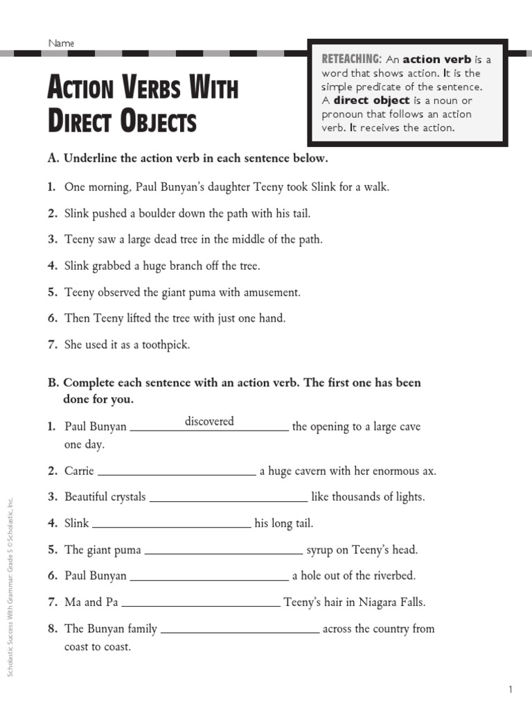 Action Verbs With Direct Objects-Grammar Practice PDF | PDF | Object ...