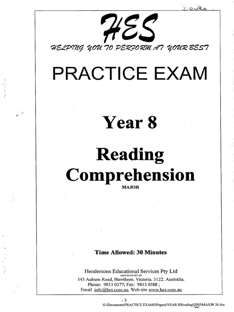 Year 8 Hendersons Reading Comprehension Exam | PDF