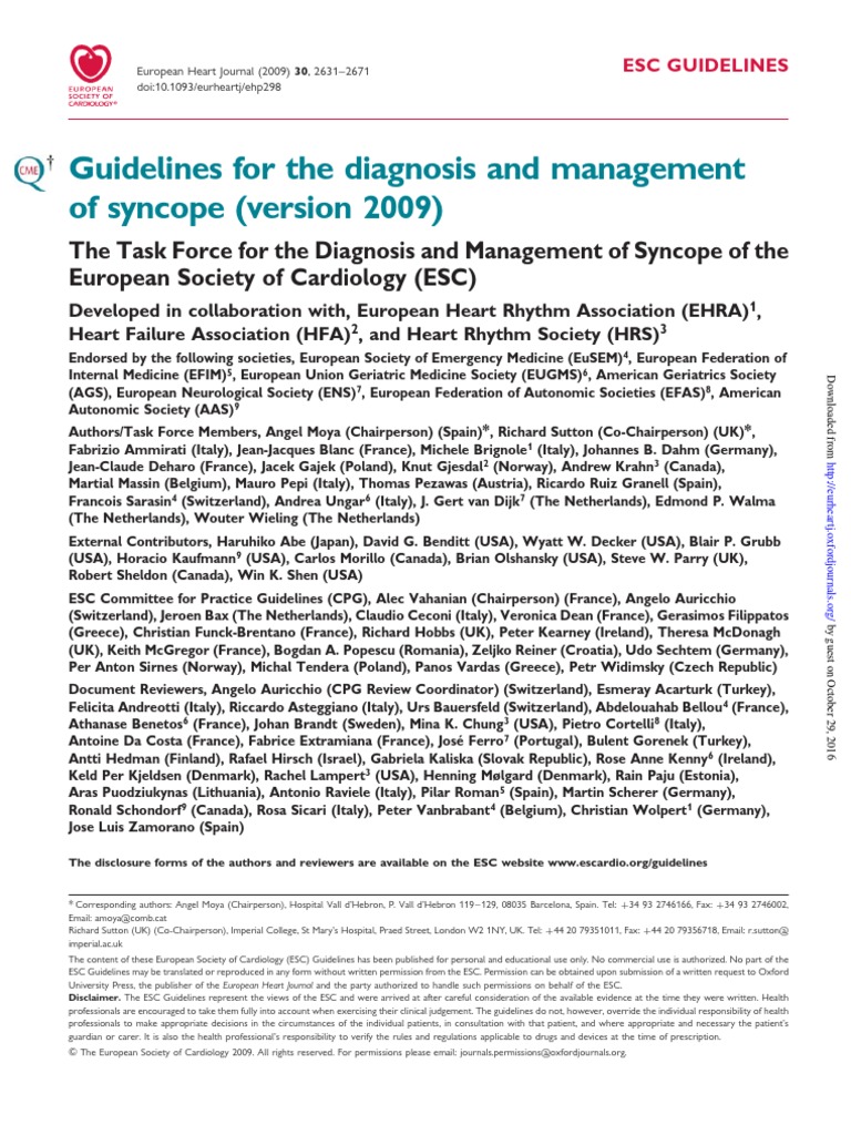 ESC Syncope Management Guidelines 2009 | PDF | Blood Pressure | Heart