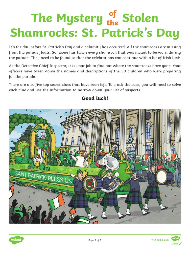The Mystery of The Stolen Shamrocks ST Patricks Day Spag Mystery Game | PDF