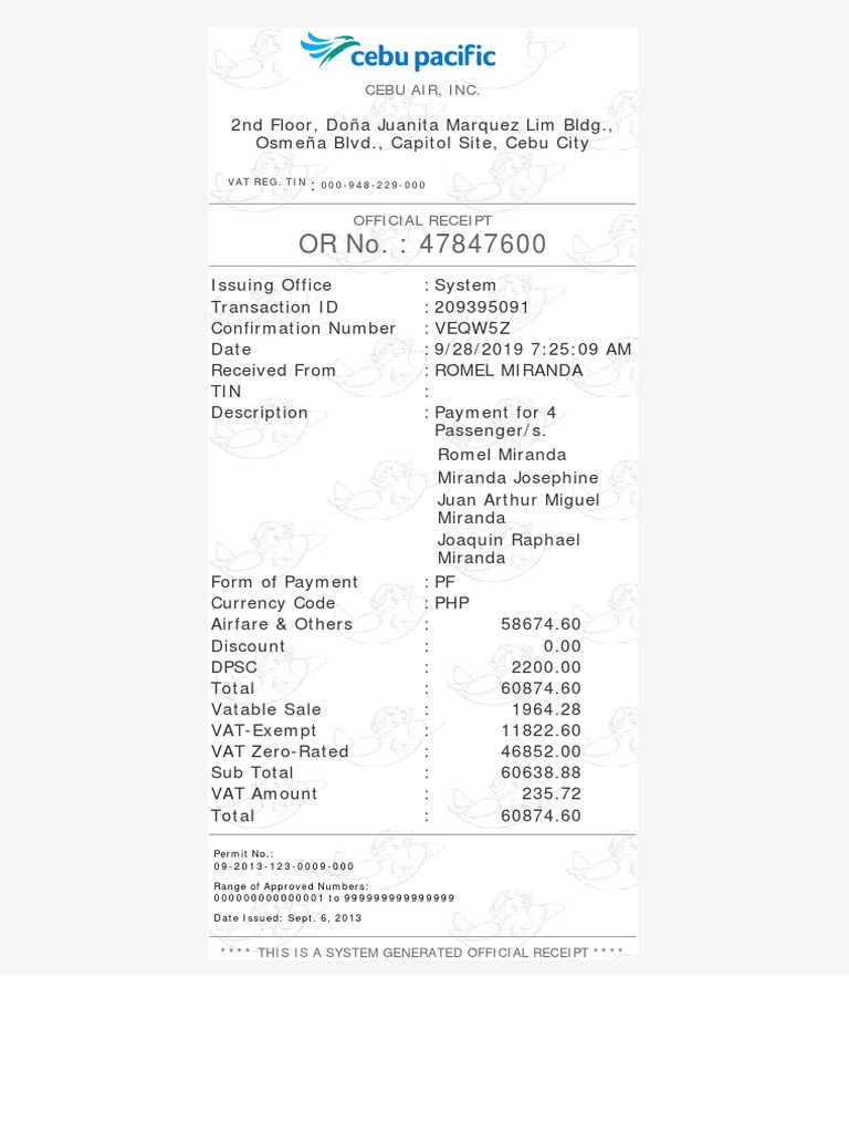 Cebu Air Official Receipt Details | PDF