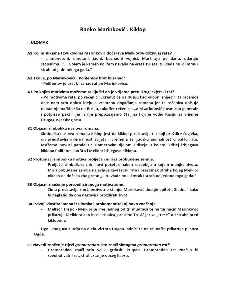 Ranko Marinković: Kiklop | PDF