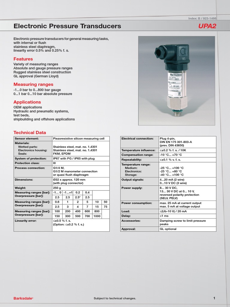 Electronic Pressure Transducers: Upa2 Upa2 | PDF | Pressure Measurement ...