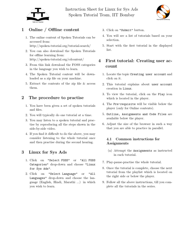 Instruction Sheet For Linux For Sys Ads Spoken Tutorial Team, IIT ...