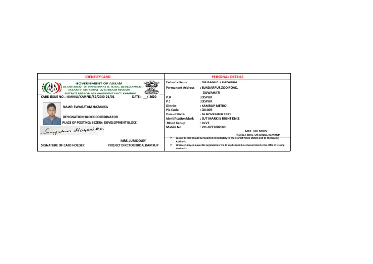 Identity Card Personal Details: Mrs. Juri Doley Project Dirctor Drda ...