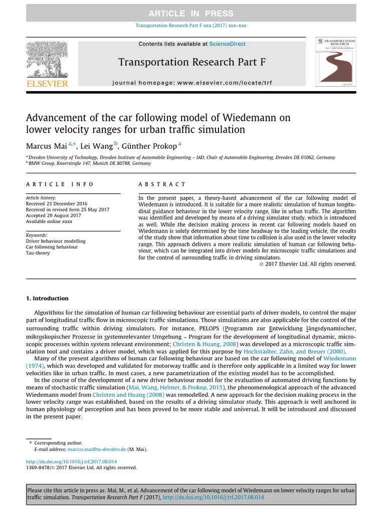 Advancement of The Car Following Model of Wiedemann On PDF | PDF ...