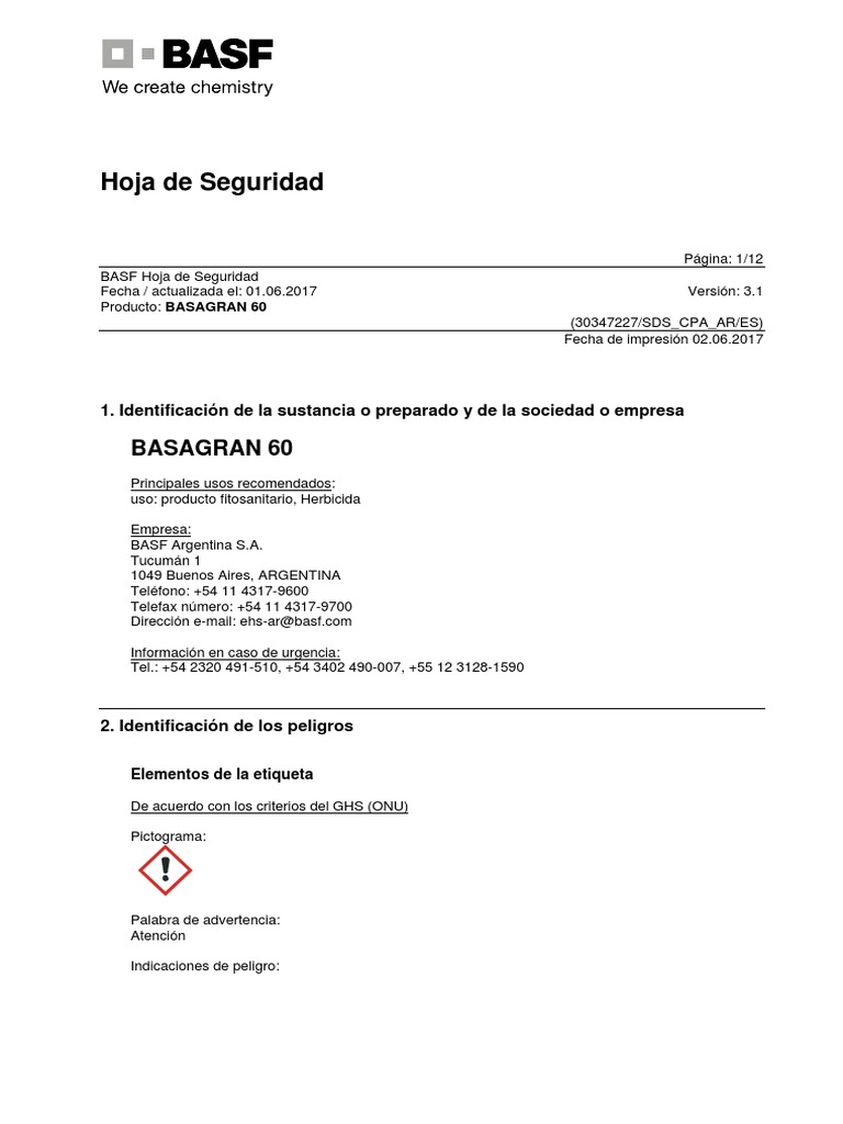 Safety Data Sheet for BASAGRAN 60 Herbicide | PDF | Toxicidad ...