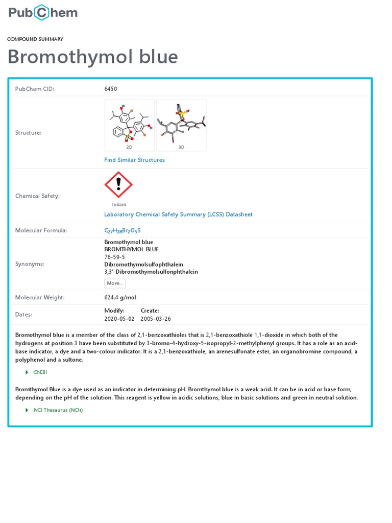 Bromothymol Blue - C27H28Br2O5S - PubChem | PDF | Chemical Substances ...