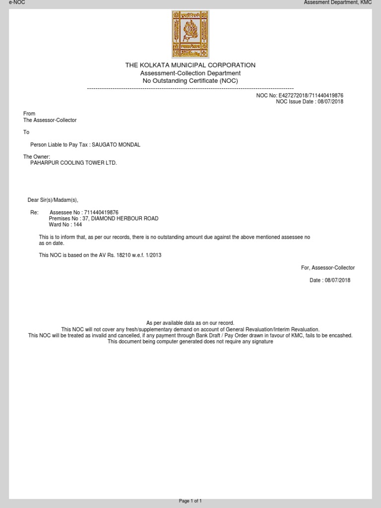 The Kolkata Municipal Corporation Assessment-Collection Department No ...