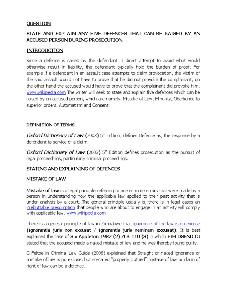 CRIMINAL LAW ASSIGNMENT FIVE DEFENCES THAT CAN BE RAISED BY ACCUSED ...