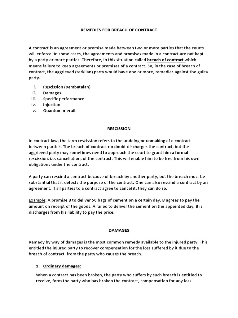 Remedies For Breach of Contract | PDF | Legal Remedy | Specific Performance