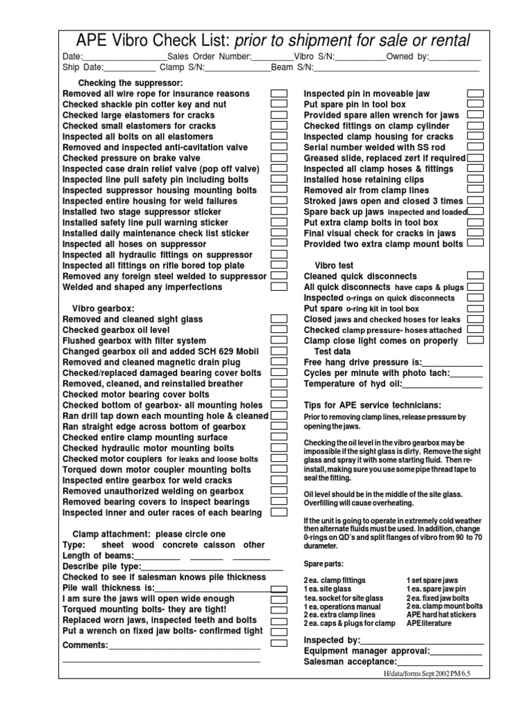 APE Vibro Check List: Prior To Shipment For Sale or Rental | PDF | Deep ...