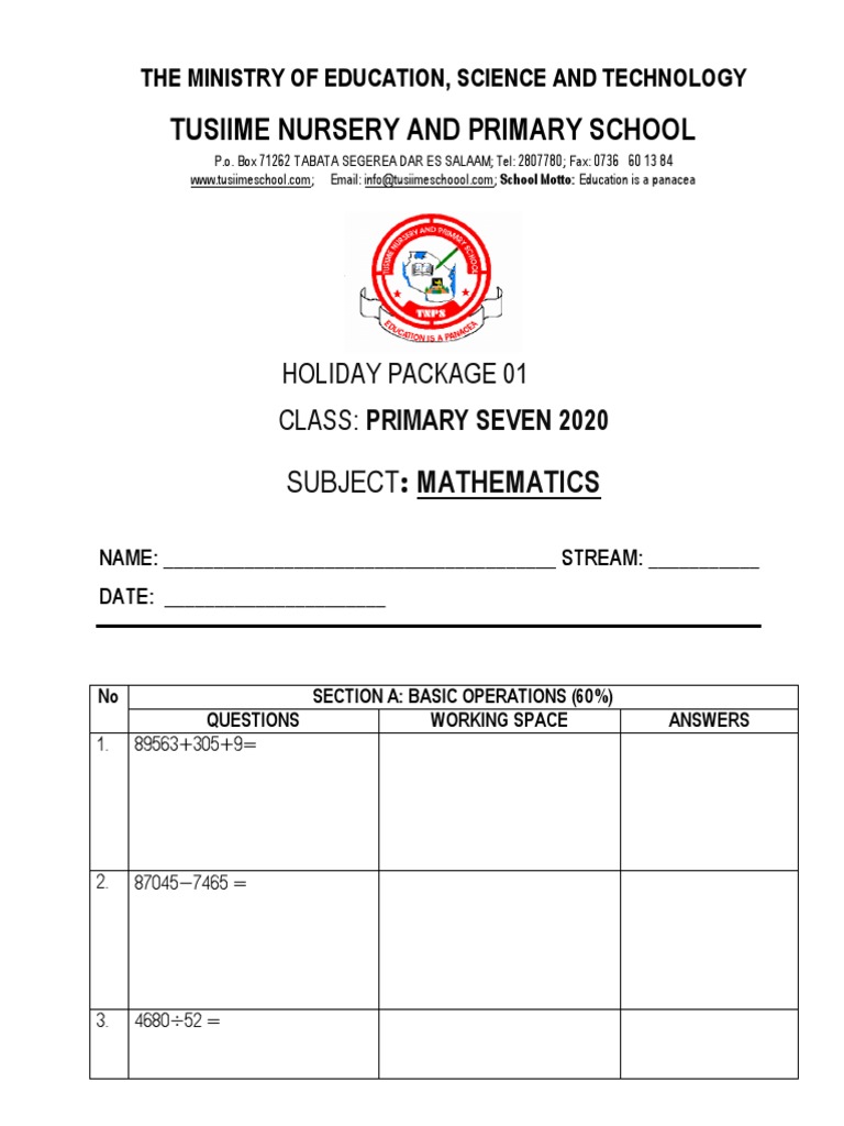 Tusiime Nursery and Primary School: Holiday Package 01 Class: Primary ...