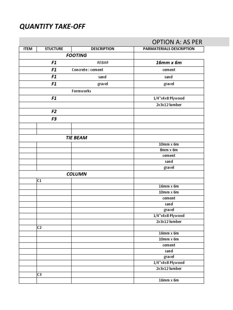 Quantity Take-Off: Option A: As Per Design | Download Free PDF ...