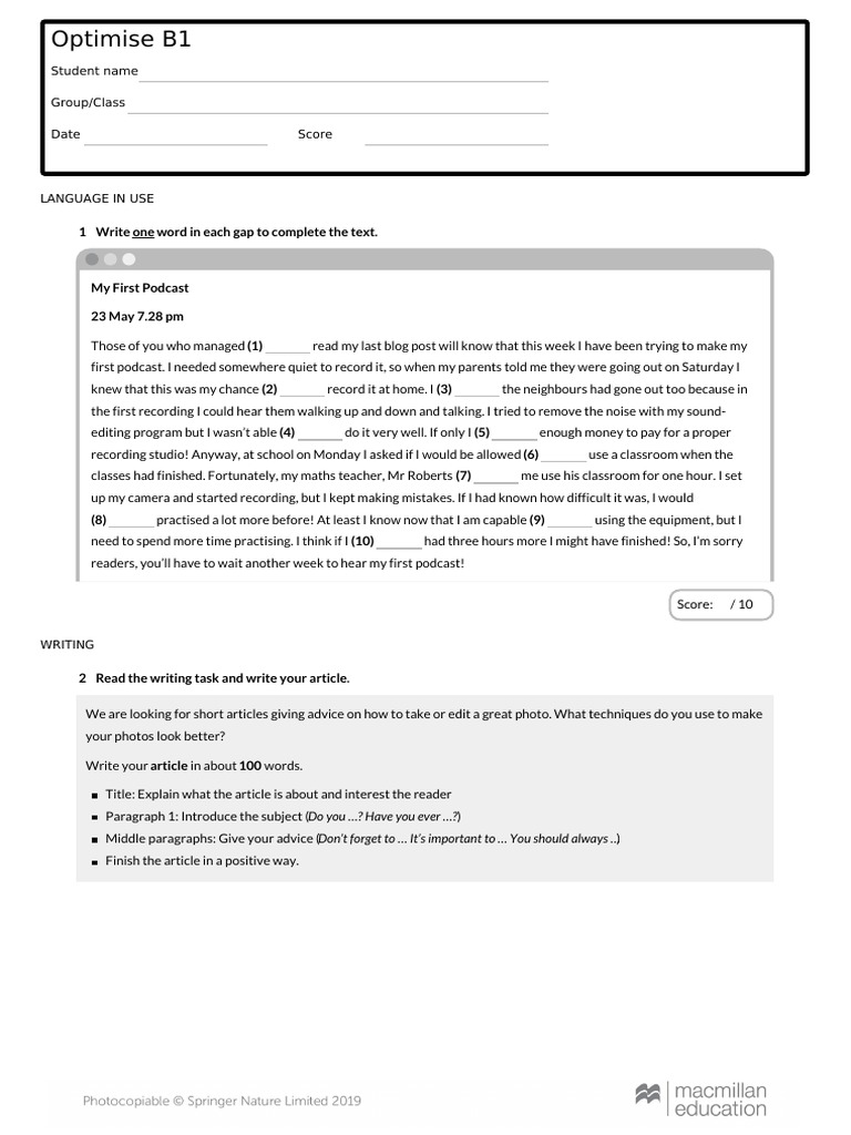 Optimise B1: Write One Word in Each Gap To Complete The Text. 1 | PDF