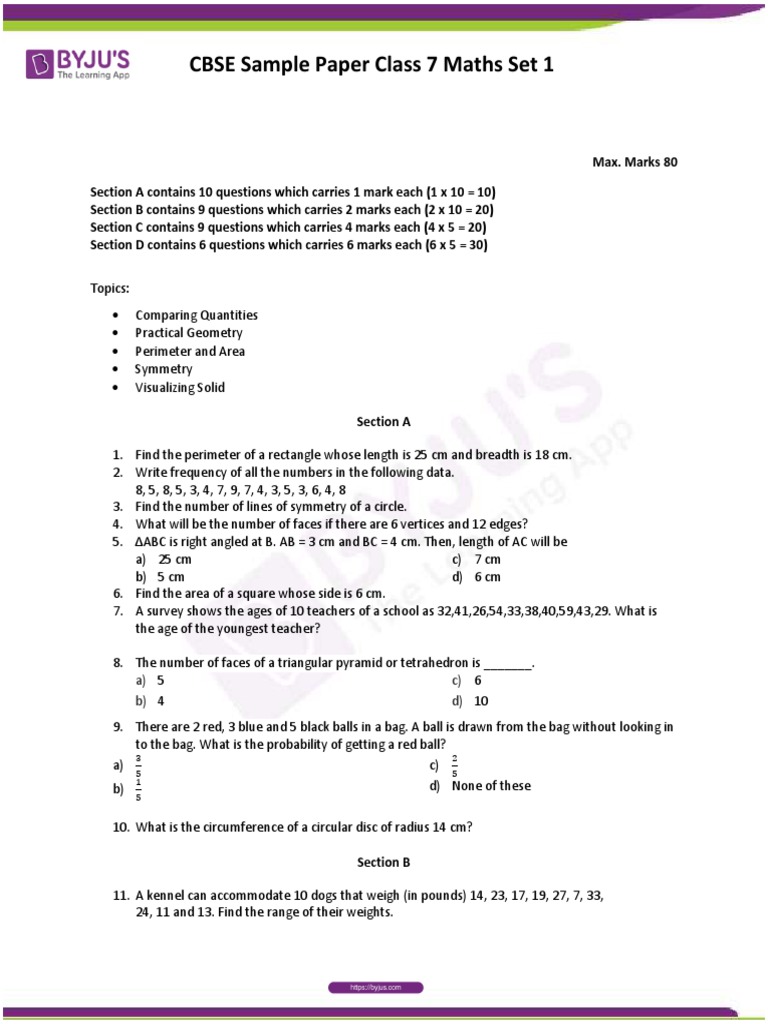 CBSE Sample Paper Class 7 Maths Set 1: A) B) C) D) | PDF | Classical ...