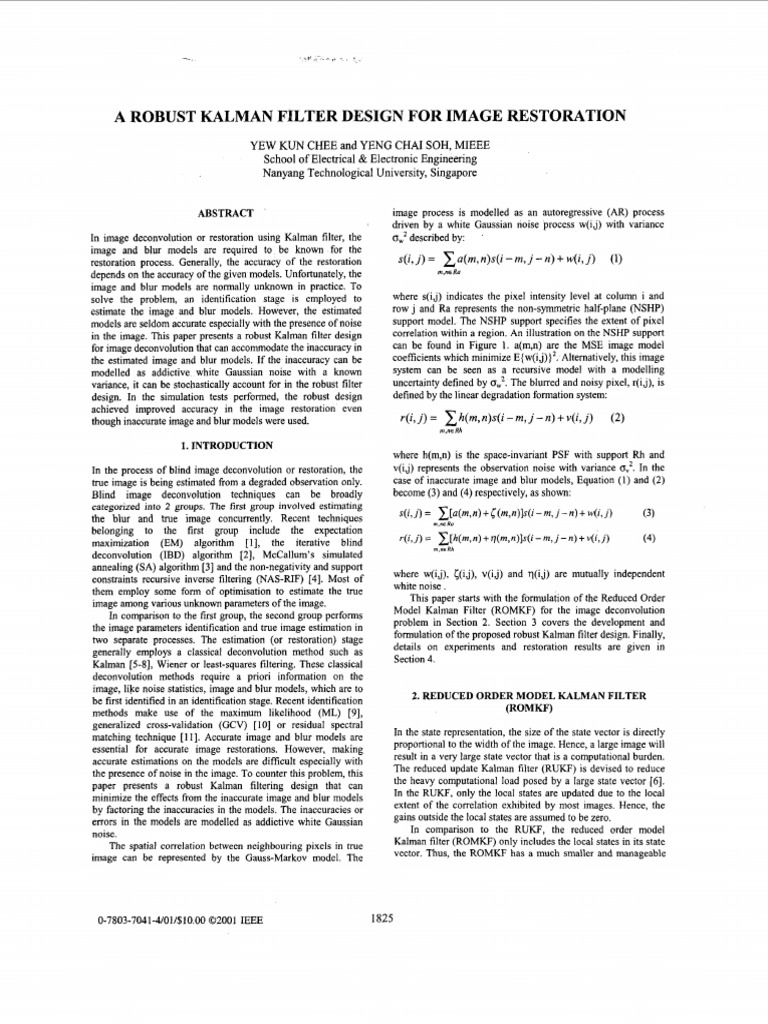 A Robust Kalman Filter Design For Image Restoration | Download Free PDF | Kalman Filter ...