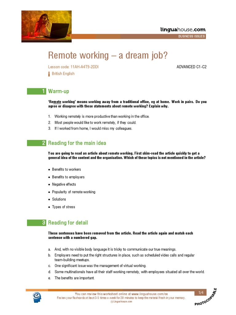 Remote Working A Dream Job?: Warm-Up | PDF | Telecommuting | Stress ...